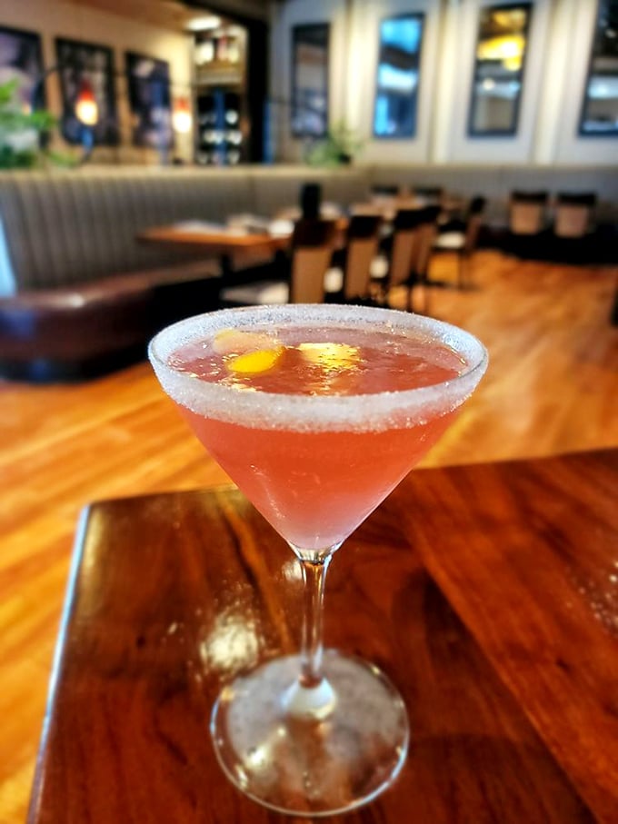 A sugar-rimmed martini catching the light just right &ndash; because sometimes the perfect cocktail is its own kind of appetizer.