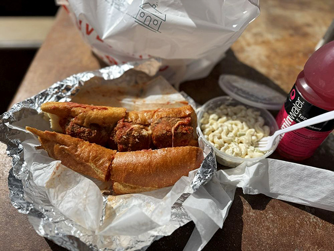 The meatball sandwich&mdash;where comfort food meets engineering marvel. The bread somehow maintains structural integrity despite the saucy deliciousness within.