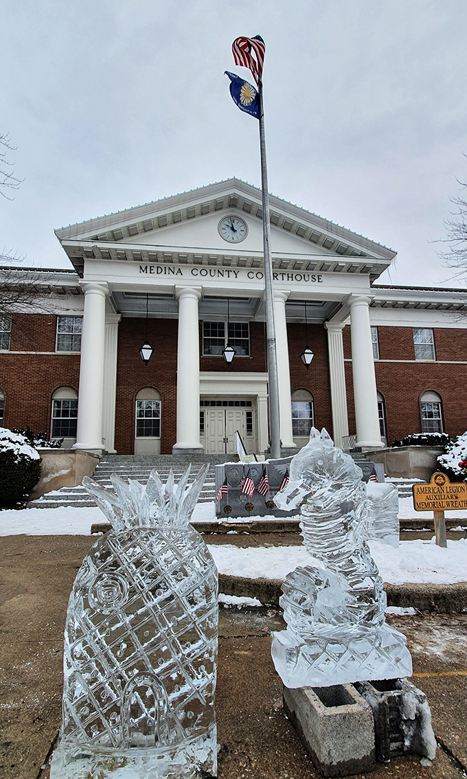 Winter transforms the courthouse into a snow globe scene. Those ice sculptures are proof that Medina knows how to make even cold months magical.
