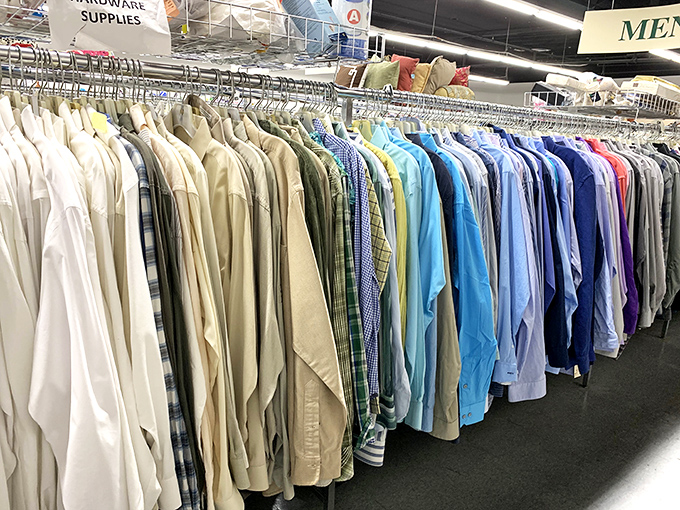 The dress shirt section: a businessman's buffet. This color-coordinated display makes finding your next office ensemble as satisfying as a perfectly plated meal.