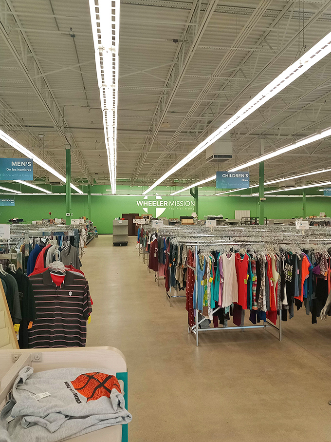 The clothing department's organization rivals department stores, with clear signage guiding shoppers to men's, women's, and children's fashion treasures.