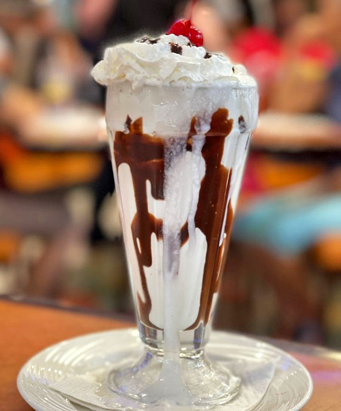 The classic diner milkshake&mdash;where chocolate, whipped cream, and cherry come together in a glass vessel of happiness that's worth every brain freeze.