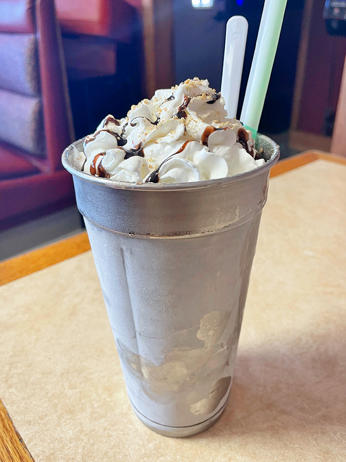 The milkshake that requires serious bicep strength to sip. Topped with whipped cream and chocolate, it's dessert masquerading as a beverage.