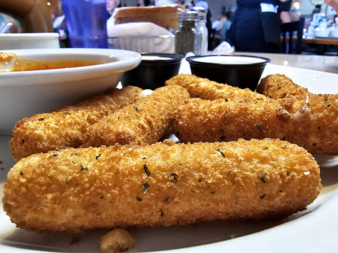 Mozzarella sticks with the perfect golden crunch. That marinara sauce is standing by, ready to complete a relationship that was clearly meant to be.