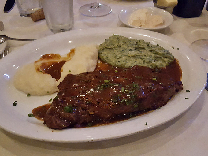 The New York steak arrives glistening with its red wine and butter sauce, making you wonder why you'd ever waste stomach space on lesser proteins.