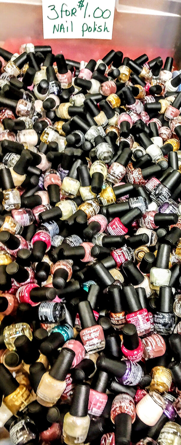 Three dollars gets you three bottles of nail polish in this cosmetic cornucopia&mdash;enough colors to paint a different nail for every day of the month.