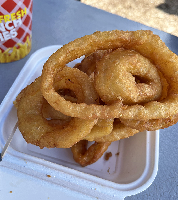 Onion rings so perfectly golden and crispy, they could win beauty contests in the vegetable kingdom.