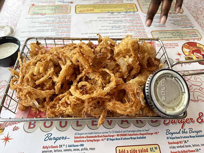 Onion strings so delicate they practically float above the basket. That dipping sauce is just waiting to make magic happen.