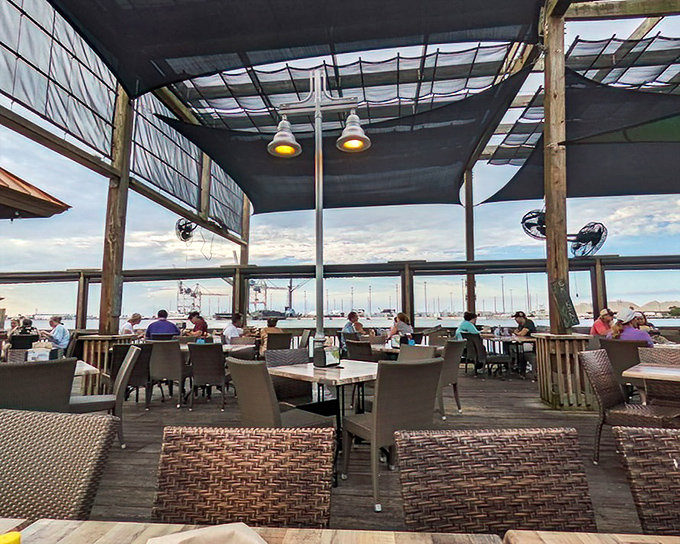 Dining with a view that no Instagram filter could improve. This covered deck offers front-row seats to Port Canaveral's maritime parade while keeping the sun at bay.