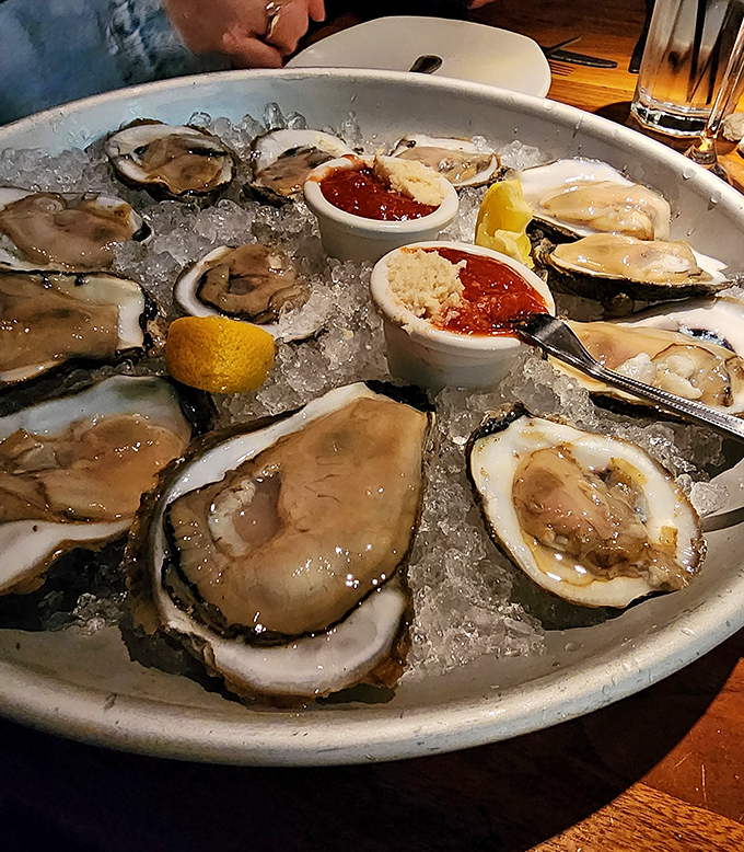 Oysters on the half shell&mdash;nature's perfect appetizer. Briny, fresh, and served with just enough accompaniments to enhance without overwhelming.