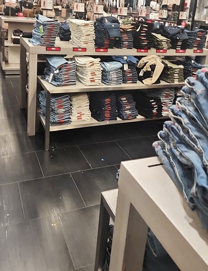 Denim paradise&mdash;stacks of jeans in every wash imaginable, from "just met the parents" dark to "lived my best life" distressed.