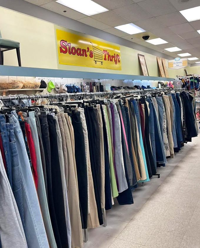 Denim paradise where your next favorite pair of jeans awaits. The color-coordinated display is oddly satisfying, like a rainbow of pants possibilities.