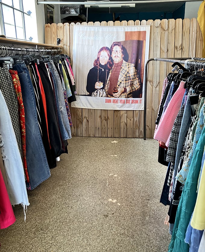 Vintage clothing nirvana with a retro photo backdrop that practically dares you not to channel your inner 70s game show host.