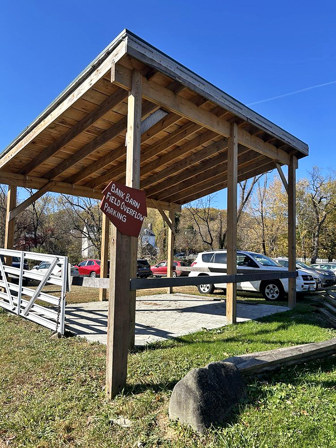 Even the parking area maintains historical integrity. No neon signs or ticket machines&mdash;just a simple shelter that says "welcome to yesterday."