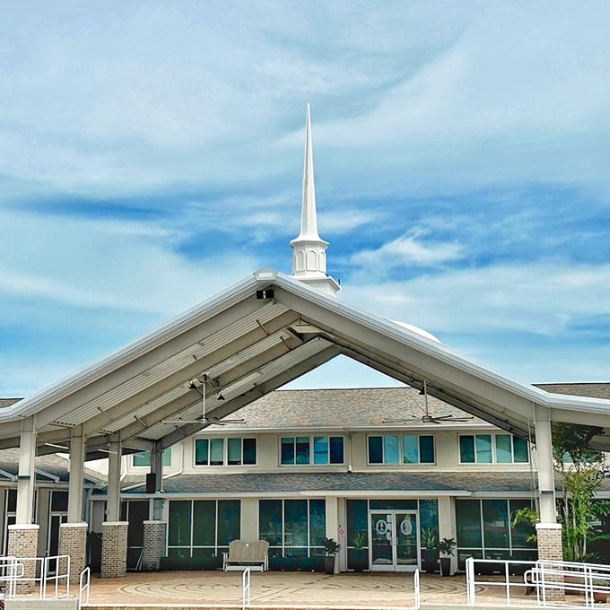 Even spiritual sanctuaries in Pass-a-Grille embrace coastal architecture, with this striking white church reaching skyward like a ship's prow.