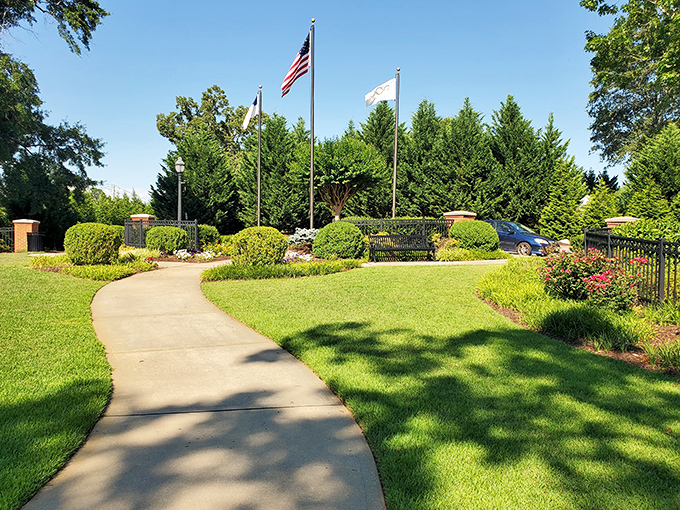 Paul Anderson Memorial Park offers a patriotic respite with manicured grounds and flagpoles standing tall against Georgia's famously blue skies.