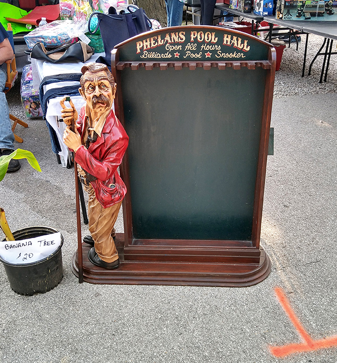 Not just a chalkboard, but a conversation piece. This pool hall sign with its character figure practically begs to be displayed in a home bar.