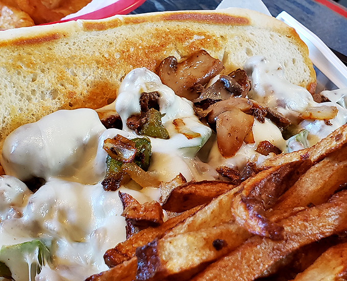Philly meets Ohio in this glorious sandwich. Melted cheese blankets savory meat and vegetables like a comforting Midwest snowfall.