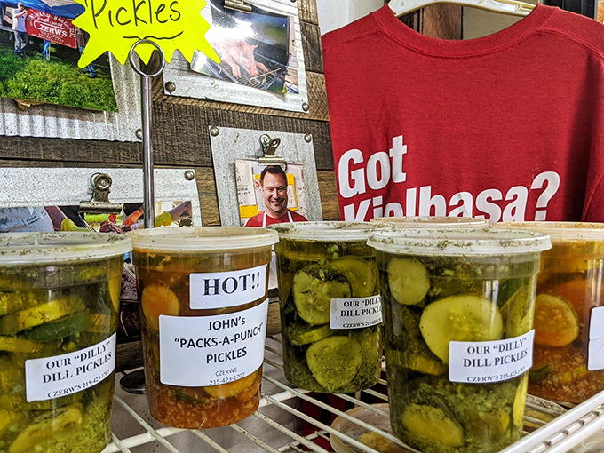 Pickle jars lined up like soldiers ready for duty. That "HOT!" label isn't a warning&mdash;it's a promise. 