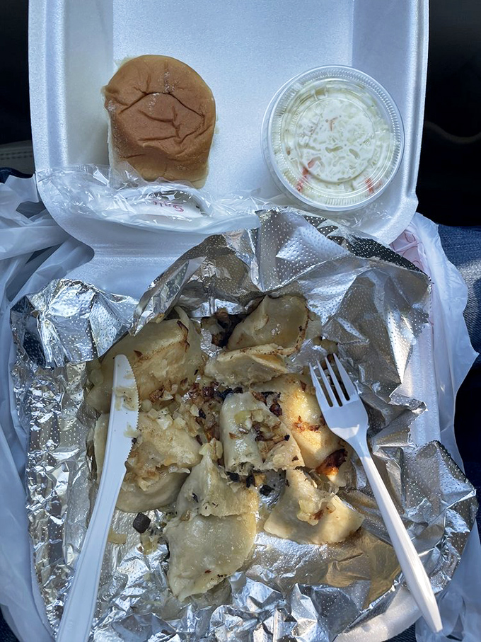 Pierogi perfection! These little pockets of joy are pan-fried with butter and onions until golden, then nestled in foil like the treasures they truly are.