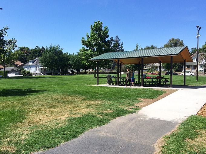 Pioneer Park offers a shady respite from eastern Oregon's summer heat. Simple pleasures in a town that understands the value of community gathering spaces.