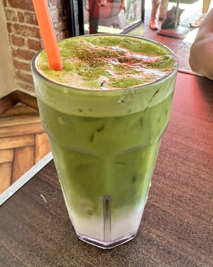 That pistachio matcha latte isn't just a drink, it's a two-toned work of art that Instagram was invented for.