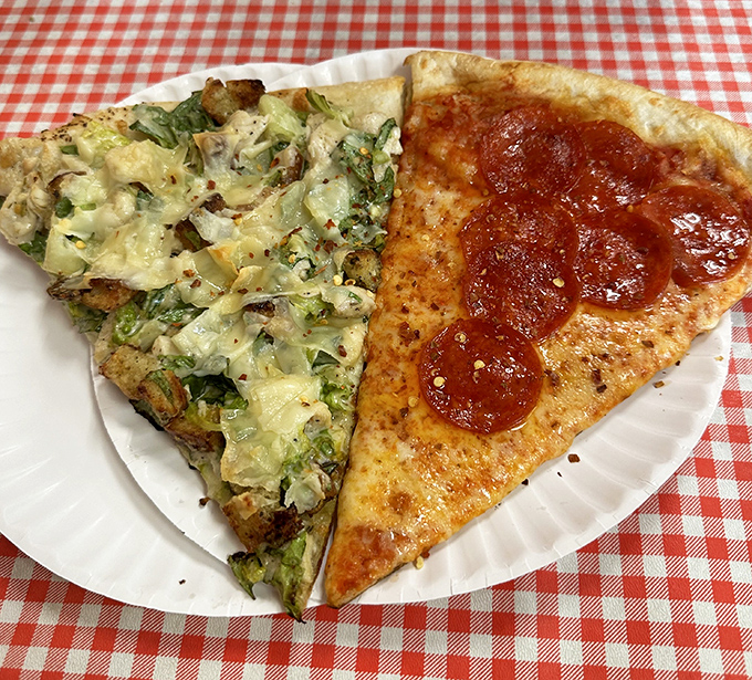Two slices that tell different culinary stories&mdash;one a verdant landscape of vegetables, the other a pepperoni classic that never goes out of style.
