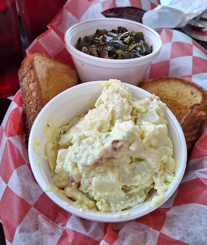 Southern sides done right - potato salad creamy enough to make grandma jealous and collards that could convert any vegetable skeptic.