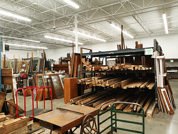 The reclaimed wood section: where yesterday's barns and factories become tomorrow's statement pieces. Hipster furniture stores charge triple for this authentic character.