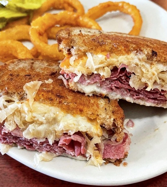 A proper Reuben should require both hands and several napkins&mdash;this beauty, with its melty cheese and sauerkraut, demands nothing less.