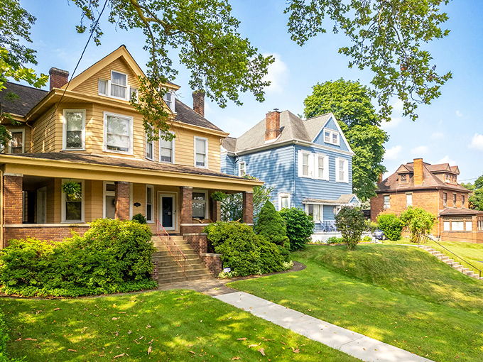 Classic American architecture lines these peaceful streets, where front porches aren't just architectural features—they're invitations to community.