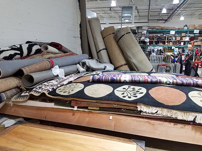 Rug mountain! Somewhere in this textile treasure trove is the perfect floor covering that will really tie your room together, Dude.