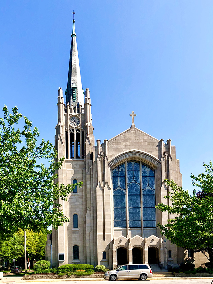 Sacred Heart's soaring spire reaches heavenward, its Gothic lines and stained glass offering spiritual solace and architectural wonder in equal measure.