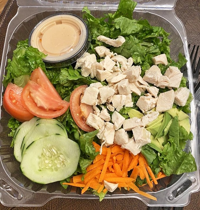 Fresh greens and veggies prove that not everything here requires an immediate nap afterwards.