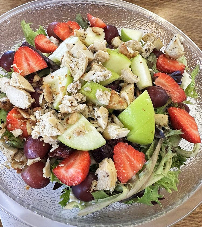Even the salads at this burger joint mean business. Fresh strawberries, grapes, and chicken prove healthy eating doesn't have to be punishment.