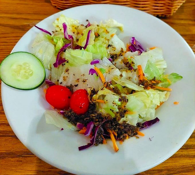 Even the salads at Angelo's show thoughtful preparation – crisp, colorful, and the perfect prelude to the carnivorous delights that follow.