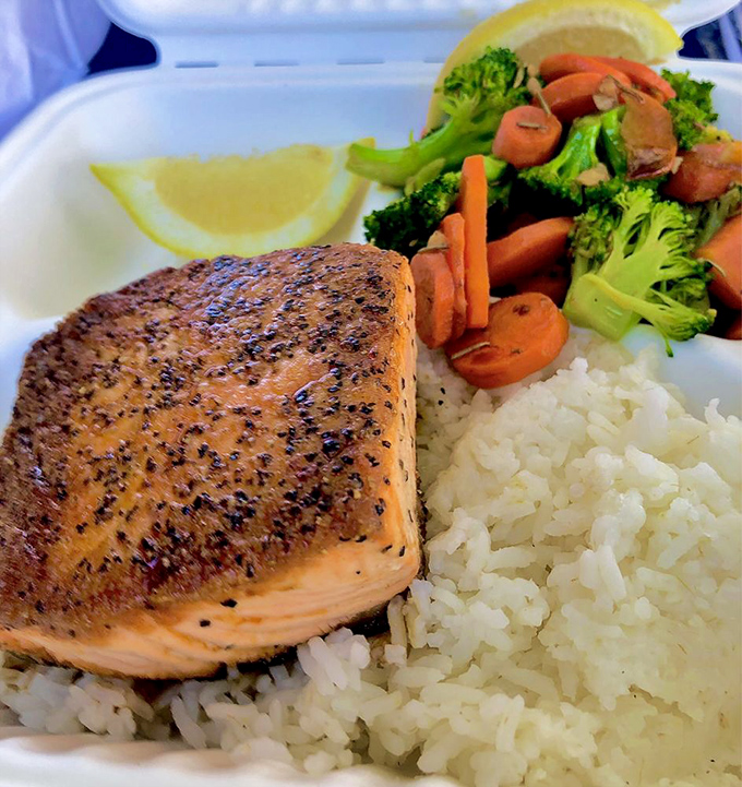 Grilled salmon that doesn't need a fancy sauce to sing&mdash;just rice, vegetables, and the confidence of perfectly cooked fish.