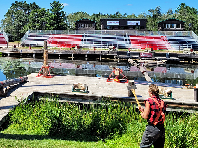 The Lumberjack Championships venue looks peaceful now, but just wait until competitors are racing up poles and balancing on spinning logs.