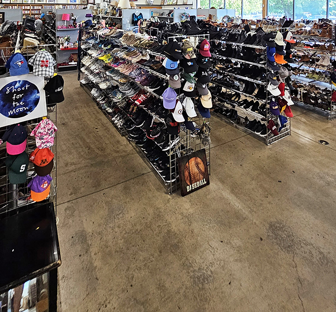 Shoe paradise meets hat heaven in this organized maze of footwear and headwear waiting for adoption.