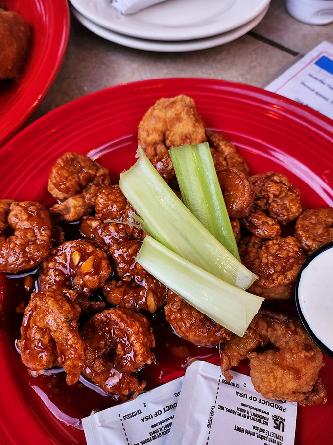 Buffalo shrimp with cooling celery sticks – all the joy of wings but with creatures from the sea instead of the sky.