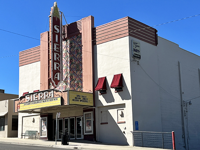 The Sierra Theater's vintage marquee promises entertainment without big-city prices, preserving mid-century charm in a digital world.
