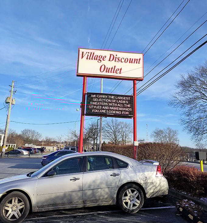 The roadside marquee promises sweater nirvana. In Ohio, you can never have too many layers or too many thrift stores.