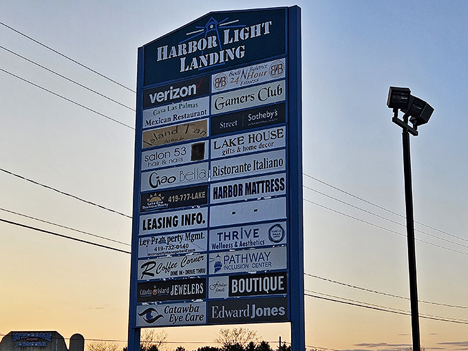 The directory sign reveals Harbor Light Landing's impressive variety &ndash; from jewelry to gelato, mattresses to Mexican food, all with water views.