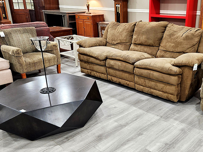 Living room gold mine! That suede sofa has seen less action than most new furniture, and at a fraction of the price.