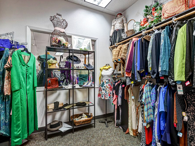 The specialty clothing section showcases evening wear and statement pieces. That emerald green gown is ready for its "mysterious stranger at the gala" moment.