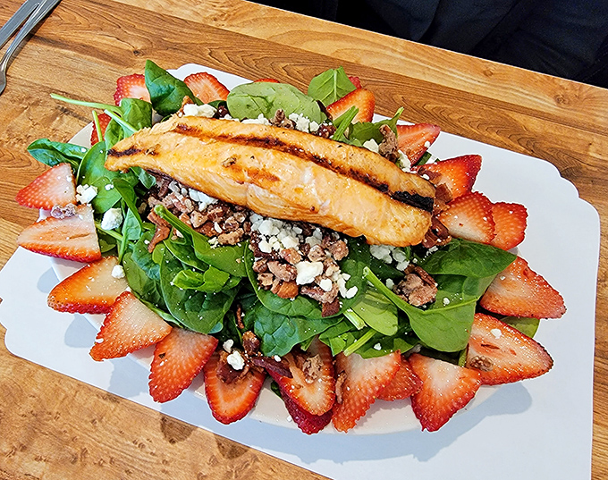 Who knew healthy could look this tempting? Grilled salmon perched atop spinach and strawberries&mdash;a California dream that tastes as good as it looks.