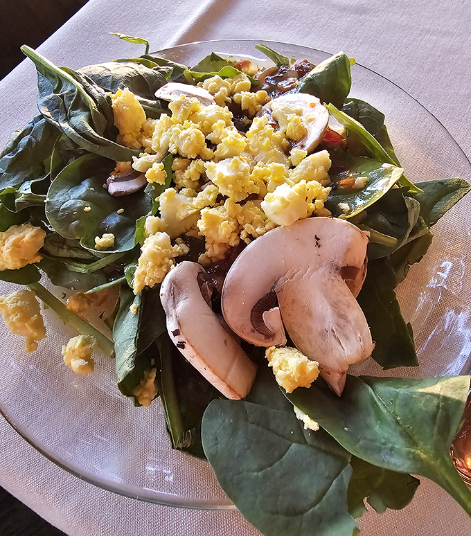A spinach salad that makes you question everything you thought you knew about salads &ndash; those mushrooms didn't come to play.