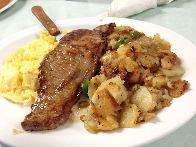 A steak and eggs plate that answers the eternal question: "Why choose between breakfast and lunch when you can have both?"