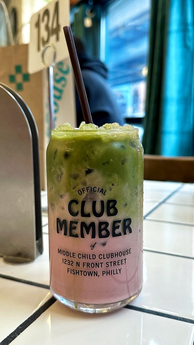 The "Official Club Member" drink&mdash;part matcha, part strawberry, all conversation starter&mdash;served in a glass that announces your new status.