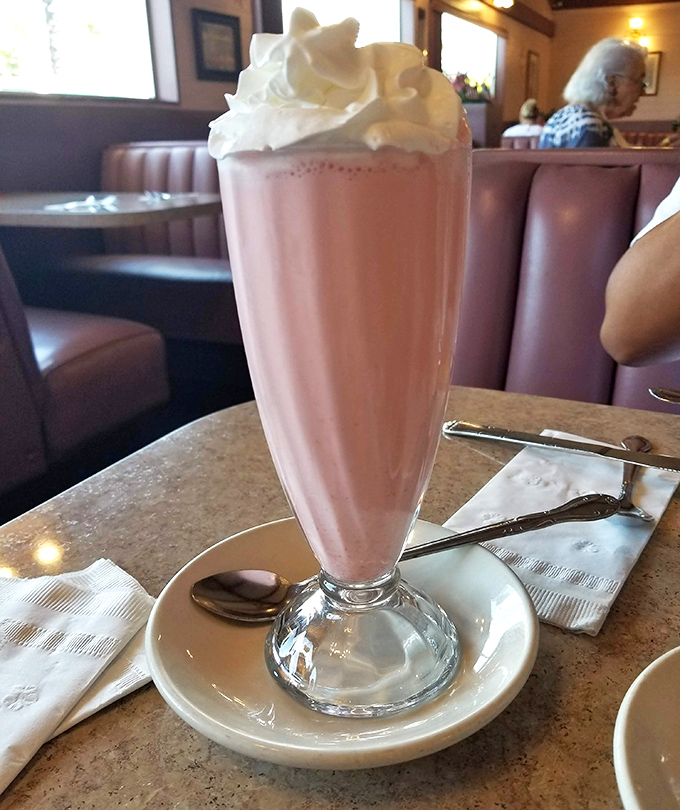 This strawberry milkshake isn't just a drink&mdash;it's dessert with a straw. The whipped cream mountain on top is non-negotiable.